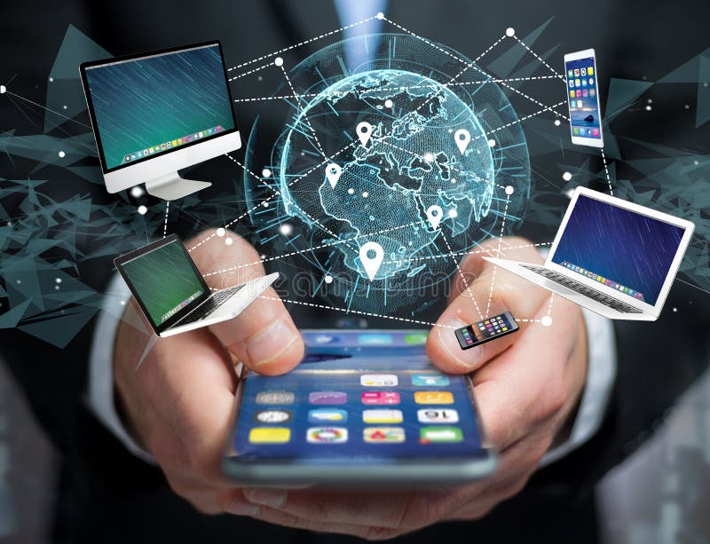 Computer and Devices Displayed on a Futuristic Interface with in Stock ...