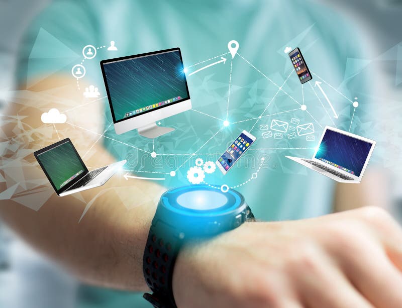 Computer and Devices Displayed on a Futuristic Interface with in Stock ...