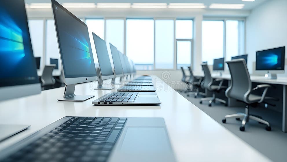 Computer Lab with Rows of Laptops or Desktops Stock Illustration ...