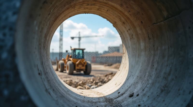 View through a Concrete Pipe at Construction Site Stock Illustration ...