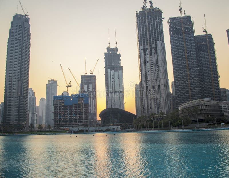 View of a Construction in Downtown Dubai and Dubai Opera during Sunset ...