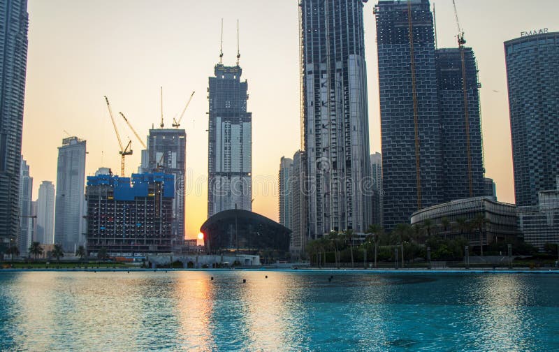 View of a Construction in Downtown Dubai and Dubai Opera during Sunset ...