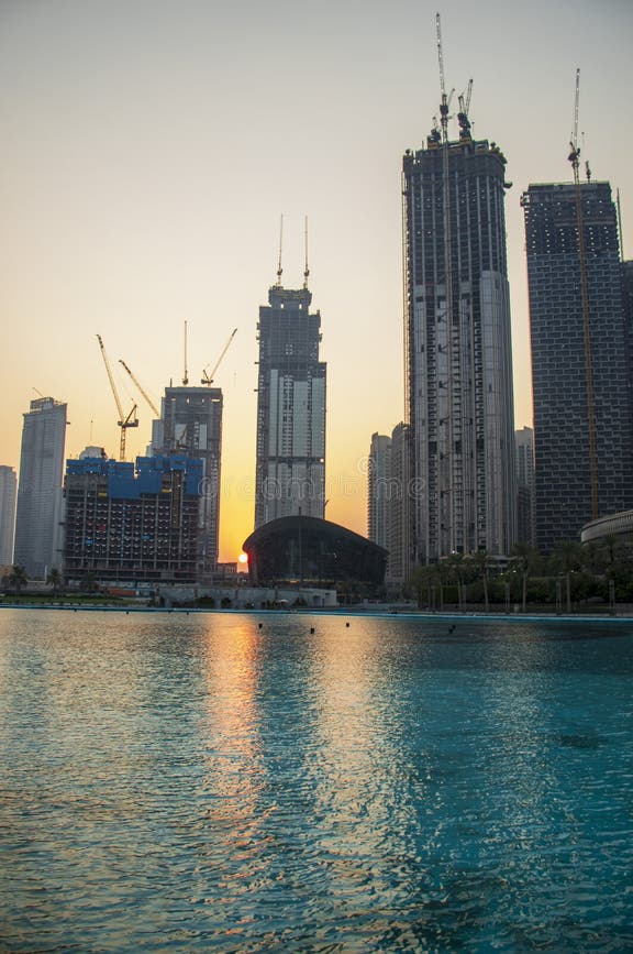 View of a Construction in Downtown Dubai and Dubai Opera during Sunset ...