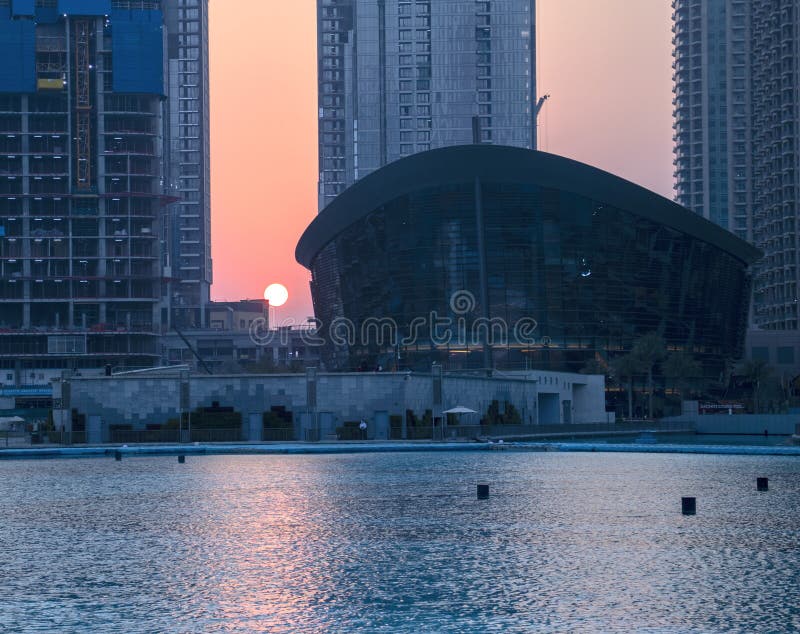View of a Construction in Downtown Dubai and Dubai Opera during Sunset ...