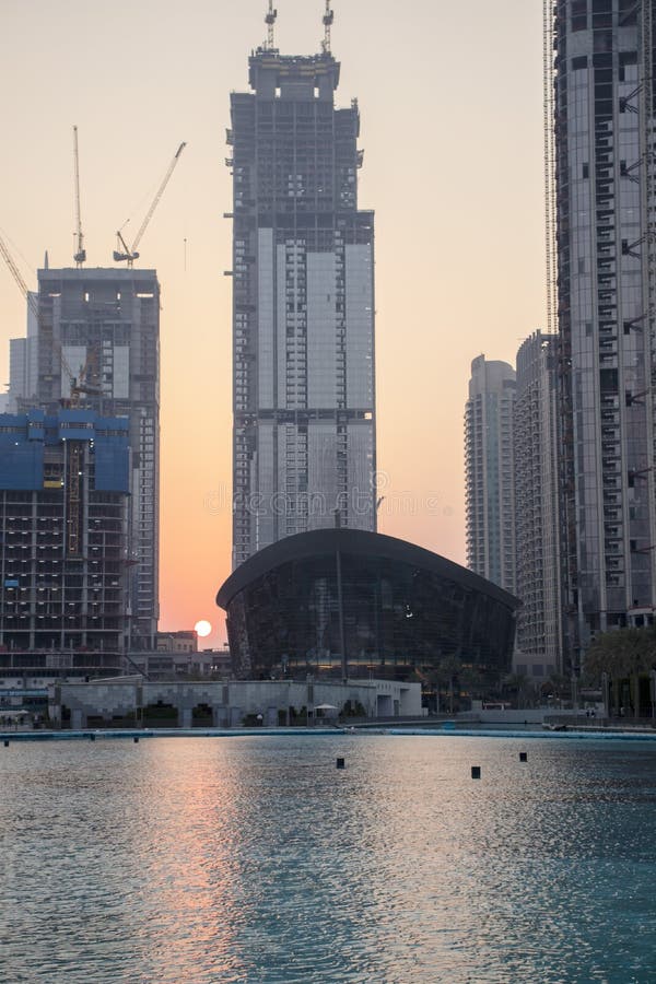 View of a Construction in Downtown Dubai and Dubai Opera during Sunset ...