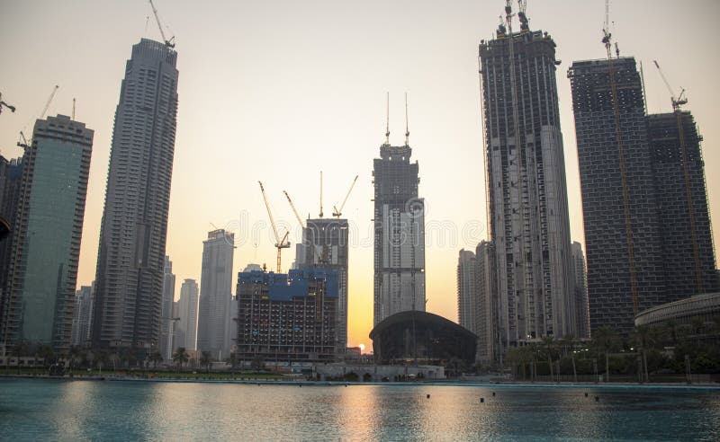 View of a Construction in Downtown Dubai and Dubai Opera during Sunset ...