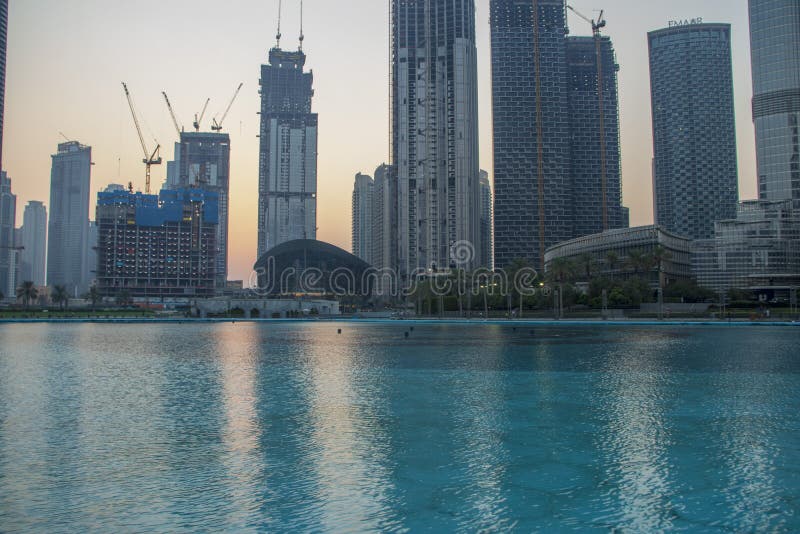 View of a Construction in Downtown Dubai and Dubai Opera during Sunset ...