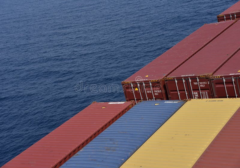 Stack of the Containers Loaded on Deck of the Cargo Ship. Editorial ...
