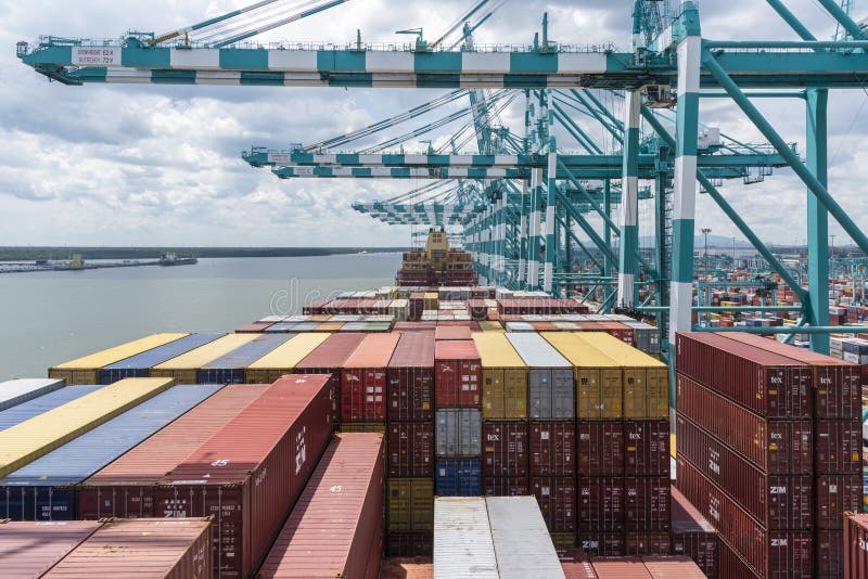 Stack of the Containers Loaded on Deck of the Cargo Ship. Editorial ...