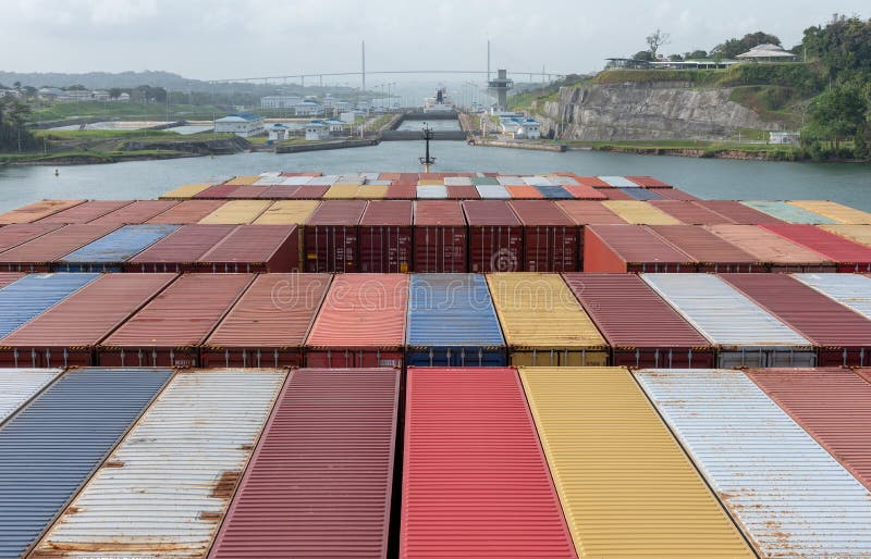 View on the Containers Loaded on Deck of the Large Cargo Ship. Stock ...