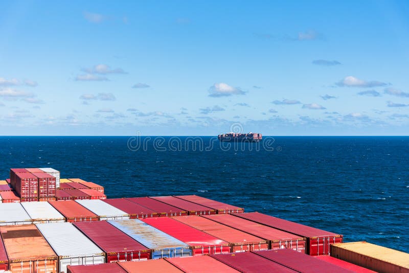 View on the Containers Loaded on Deck of the Large Cargo Ship. Stock ...