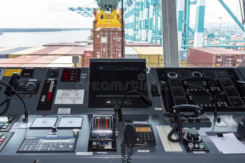 View of the Control Console on the Navigational Bridge of the Cargo ...