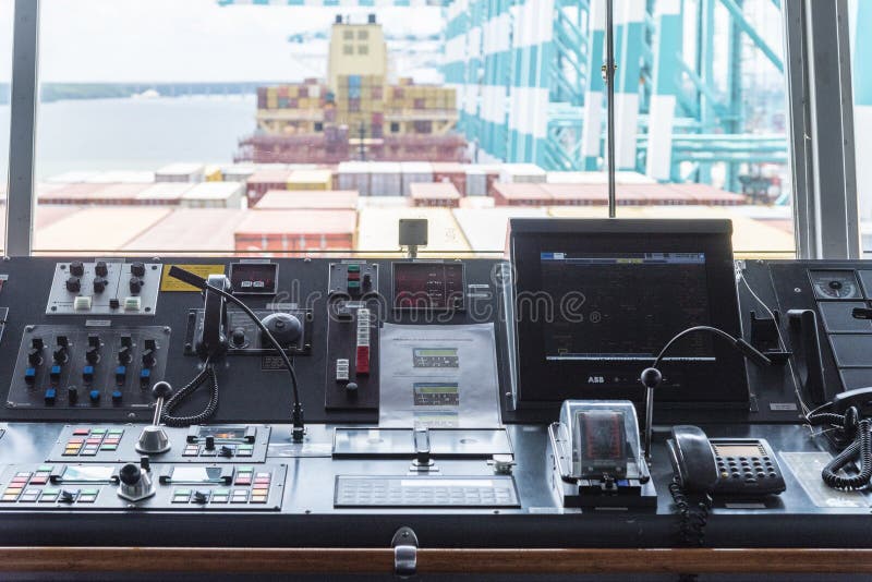 View on the Control Console of the Container Ship. Stock Image - Image ...