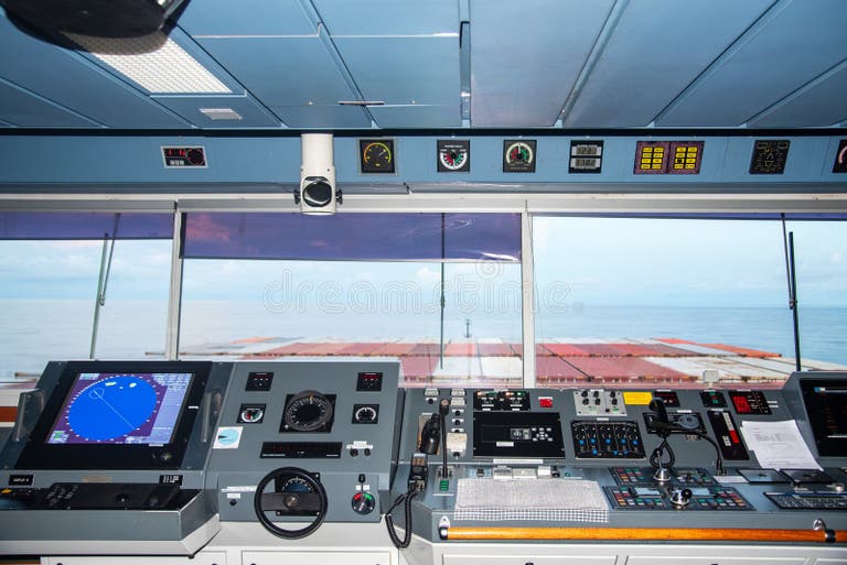 Control Console on the Navigational Bridge of the Cargo Container Ship ...