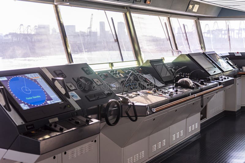 View of the Control Console on the Navigational Bridge of the Cargo ...
