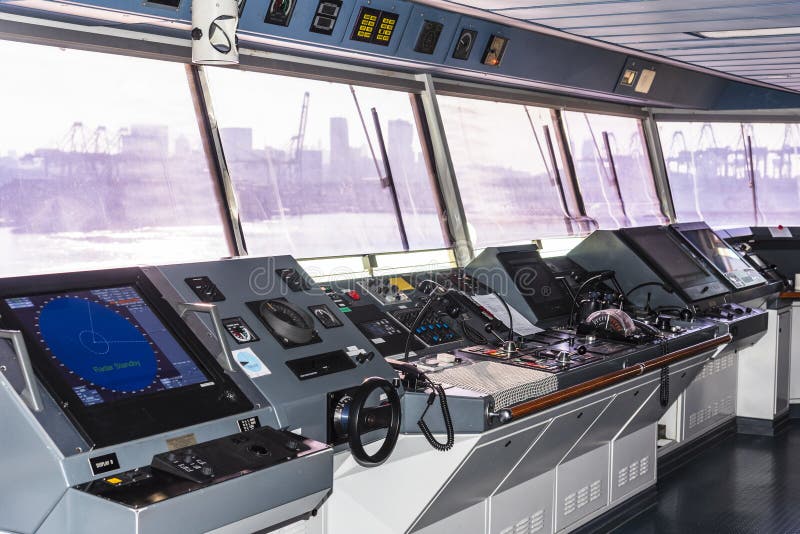 View of the Control Console on the Navigational Bridge of the Cargo ...
