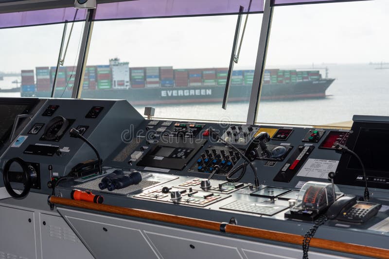View of the Control Console on the Navigational Bridge of the Cargo ...