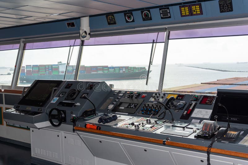 View of the Control Console on the Navigational Bridge of the Cargo ...