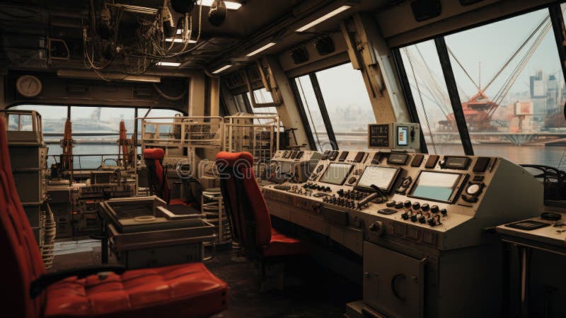 View of the Control Console on the Navigational Bridge of the Cargo ...