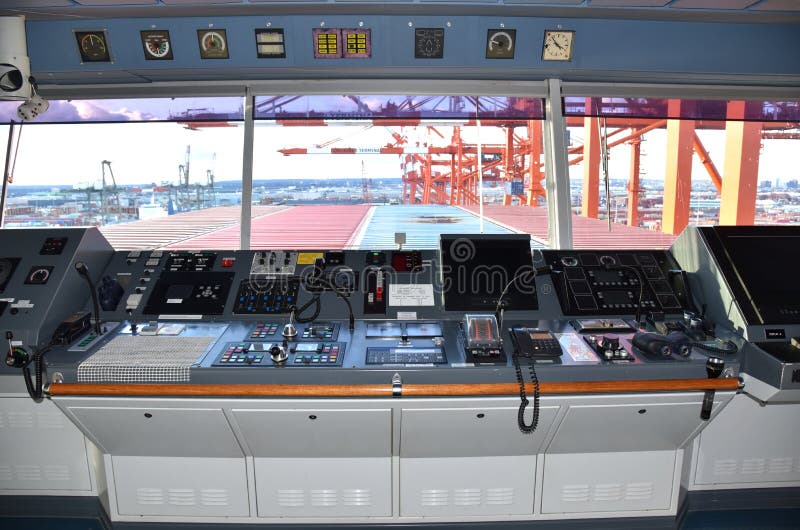 View of the Control Console on the Navigational Bridge of the Cargo ...
