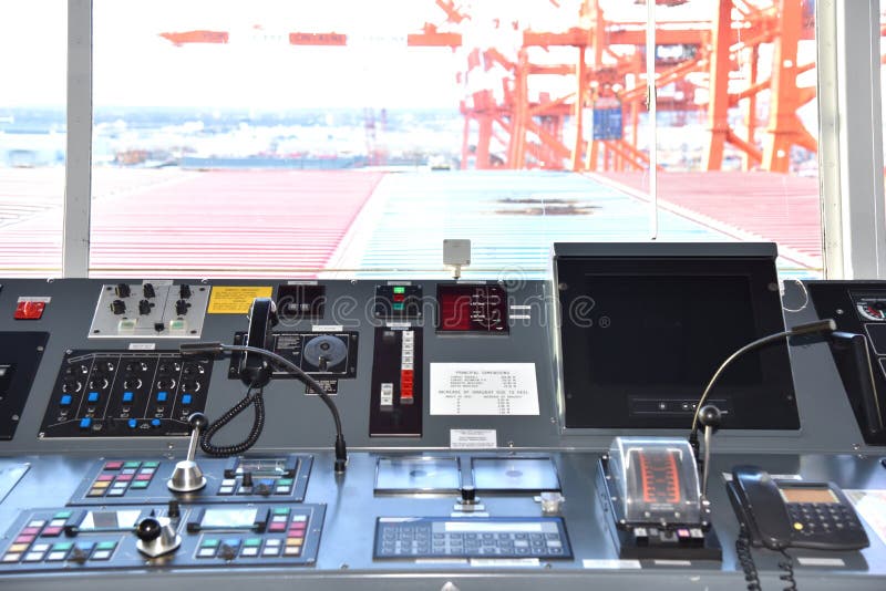View of the Control Console on the Navigational Bridge of the Cargo ...