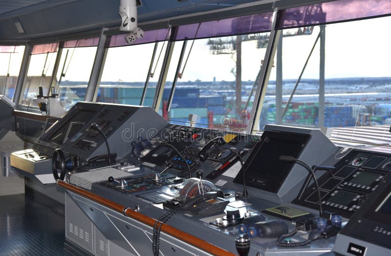 View of the Control Console on the Navigational Bridge of the Cargo ...