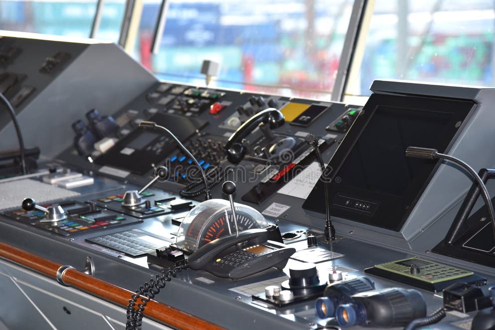View of the Control Console on the Navigational Bridge of the Cargo ...