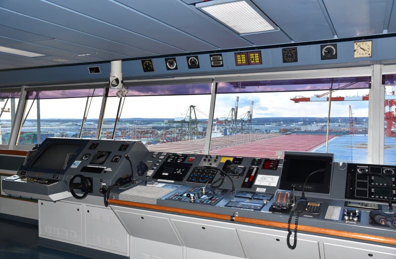 View of the Control Console on the Navigational Bridge of the Cargo ...