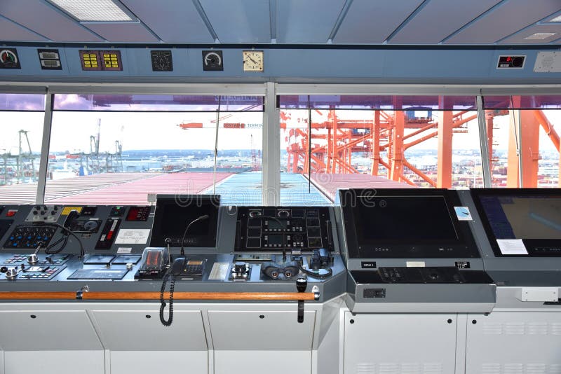 View of the Control Console on the Navigational Bridge of the Cargo ...