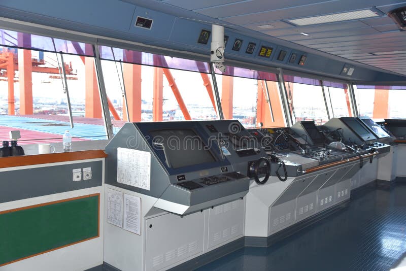 View of the Control Console on the Navigational Bridge of the Cargo ...