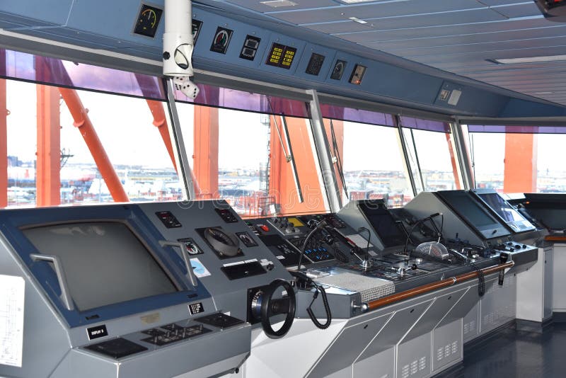 View of the Control Console on the Navigational Bridge of the Cargo ...