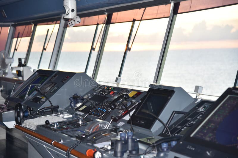 Cargo Ship - Control Console on the Navigational Bridge. Stock Photo ...