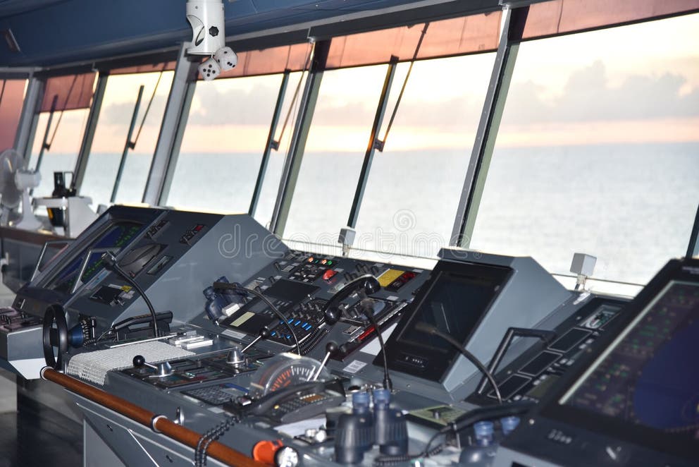 Cargo Ship - Control Console on the Navigational Bridge. Stock Photo ...