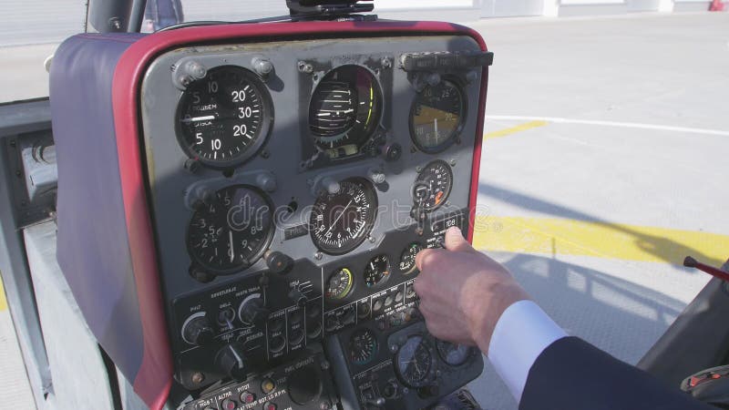View at Control Panel Inside Helicopter before Take Off. Rotating ...