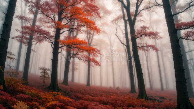 View of a Cool Forest Full of Mist in Autumn. Stock Image - Image of ...