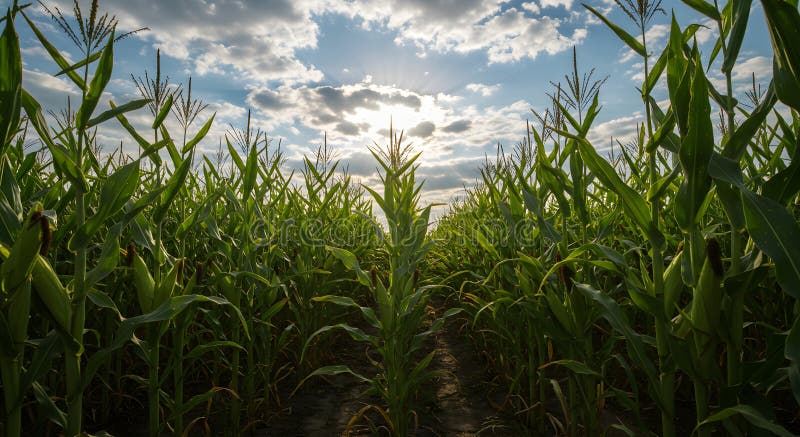 Row of Corn on Farm with Rays of Light from Sunset Shining through the ...