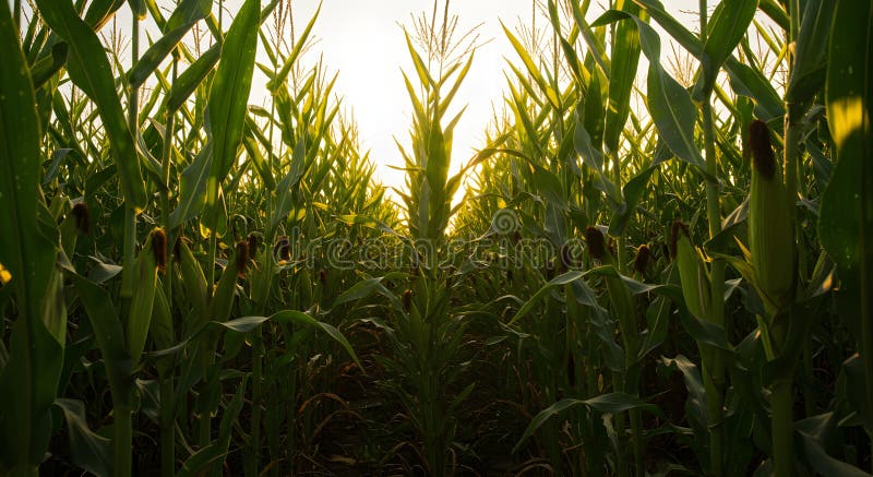 Row of Corn on Farm with Rays of Light from Sunset Shining through the ...