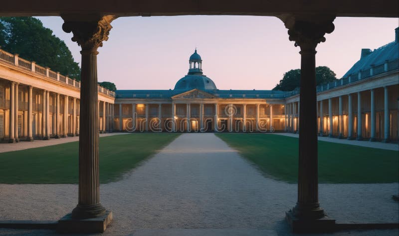 A View of the Courtyard of a Large, Classical Building with a Dome ...
