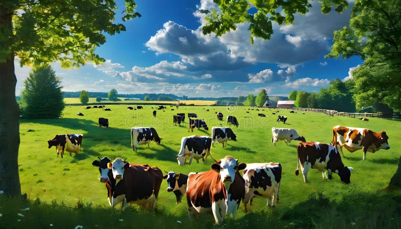 A view of Cows in a field stock illustration. Illustration of prairie ...