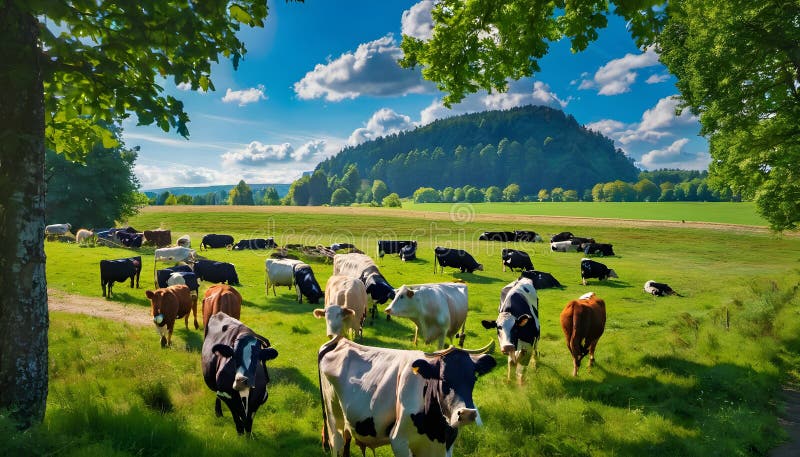 A view of Cows in a field stock illustration. Illustration of grass ...