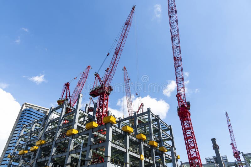 View of Cranes Above Steel Structure for Building Construction. Stock ...