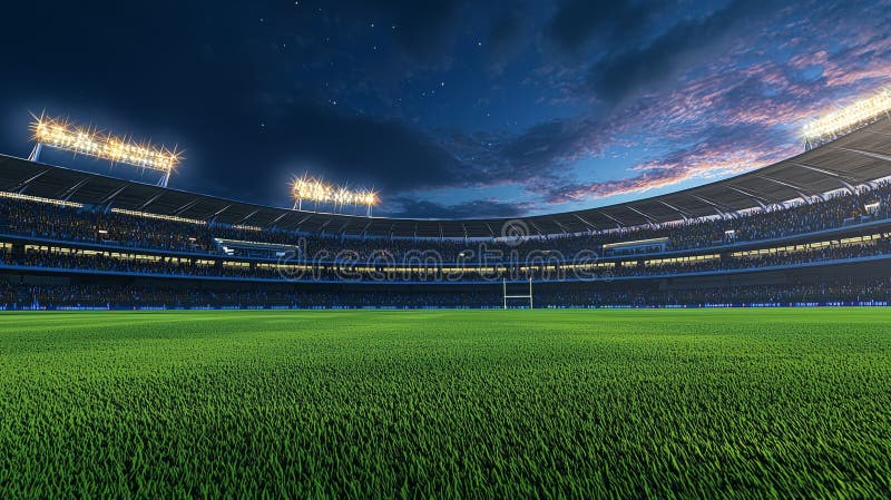 View of a Cricket Field with Stadium Lights on at Night, Part of a ...