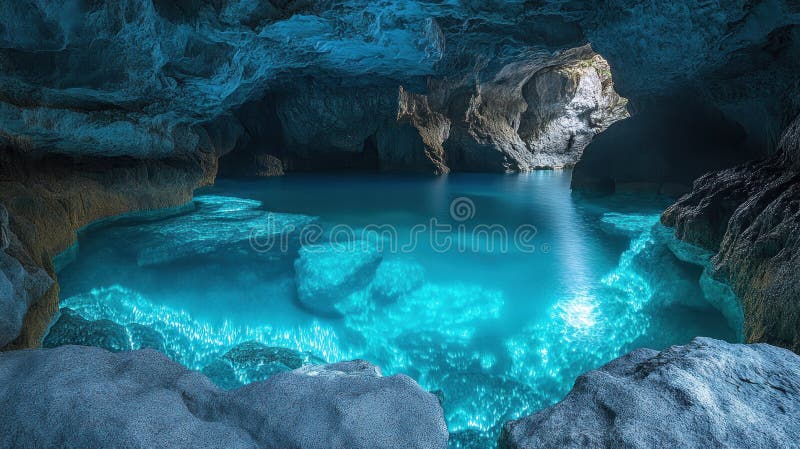 A View of a Crystal Clear Blue Water Pool Inside a Cave. the Water is ...