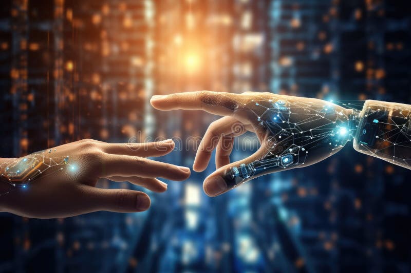 Hands of Robot and Human Touching. Cyborg Finger about To Touch Human ...