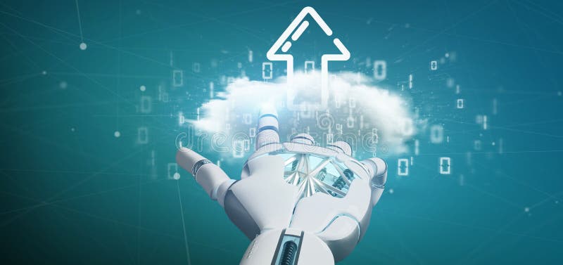 Cyborg Holding a Binary Cloud with Upload Internet Arrow 3d Rendering Stock Illustration ...