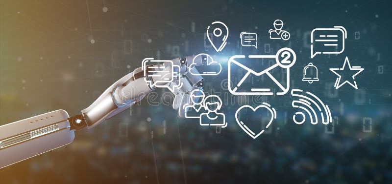 Cyborg Holding a Cloud of Social Media Network Icon Stock Image - Image ...