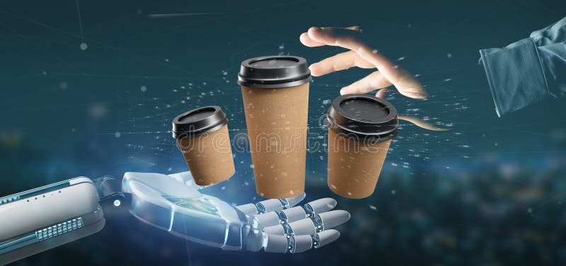 Cyborg Holding a Group of Cardbox Coffee Cup with Connection 3d ...