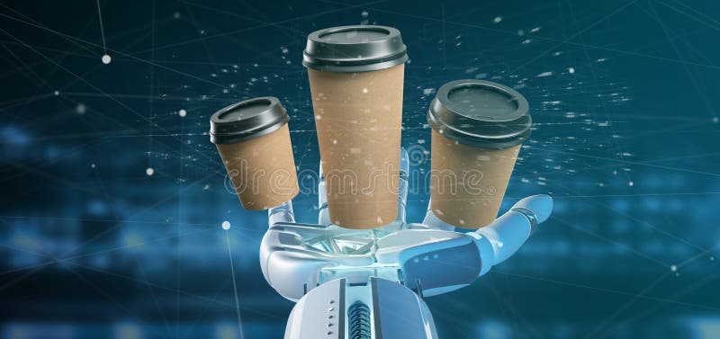 Cyborg Holding a Group of Cardbox Coffee Cup with Connection 3d ...
