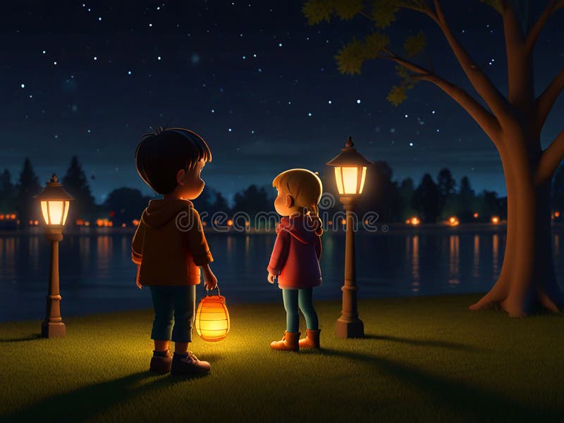 View of 3d Kids with Lanterns at Night 3d Cartoon Stock Illustration ...
