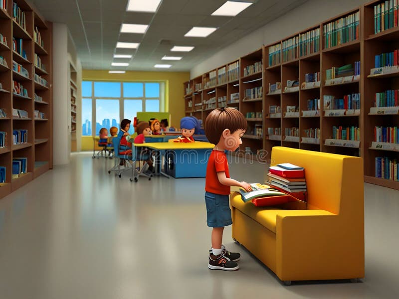 View of 3d Kids in the Library 3d Cartoon Stock Illustration ...